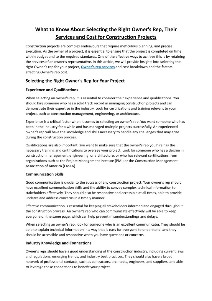 PPT - What to Know About Selecting the Right Owner's Rep, Their ...