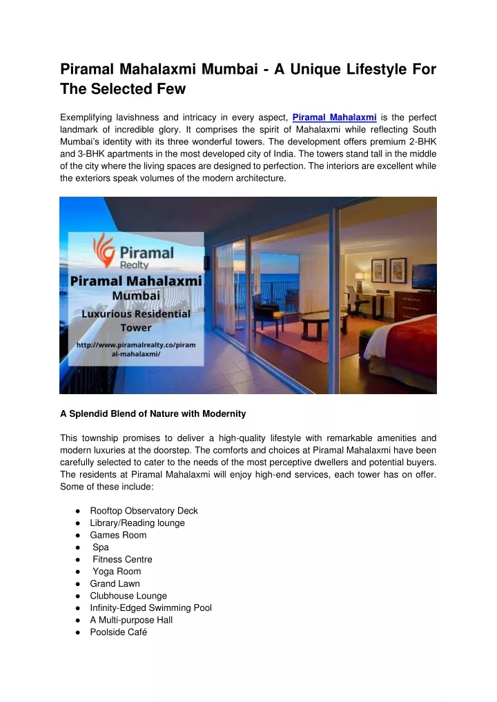 Ppt Piramal Mahalaxmi Mumbai A Unique Residential Houses For Your