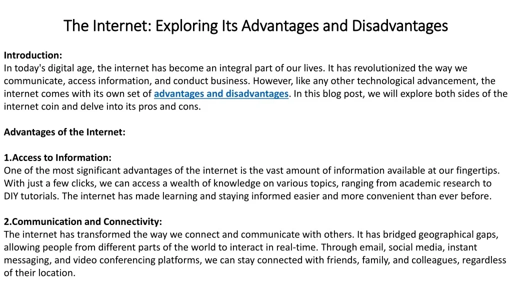 PPT - The Internet Exploring Its Advantages and Disadvantages ...