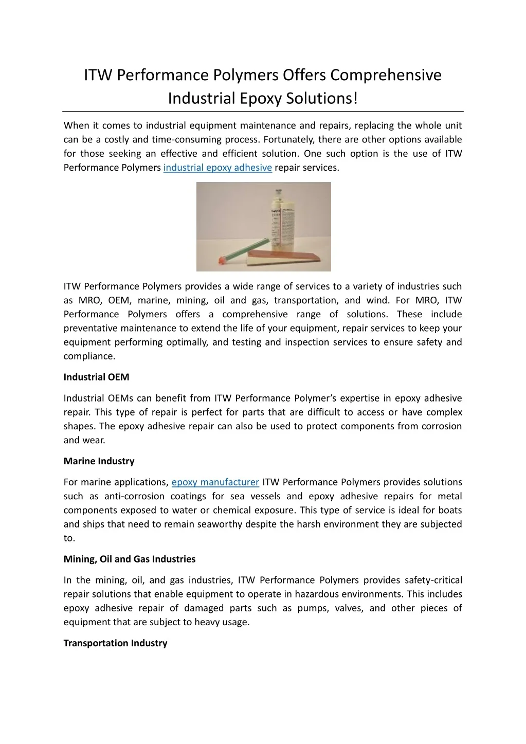 PPT - ITW Performance Polymers Offers Comprehensive Industrial Epoxy ...
