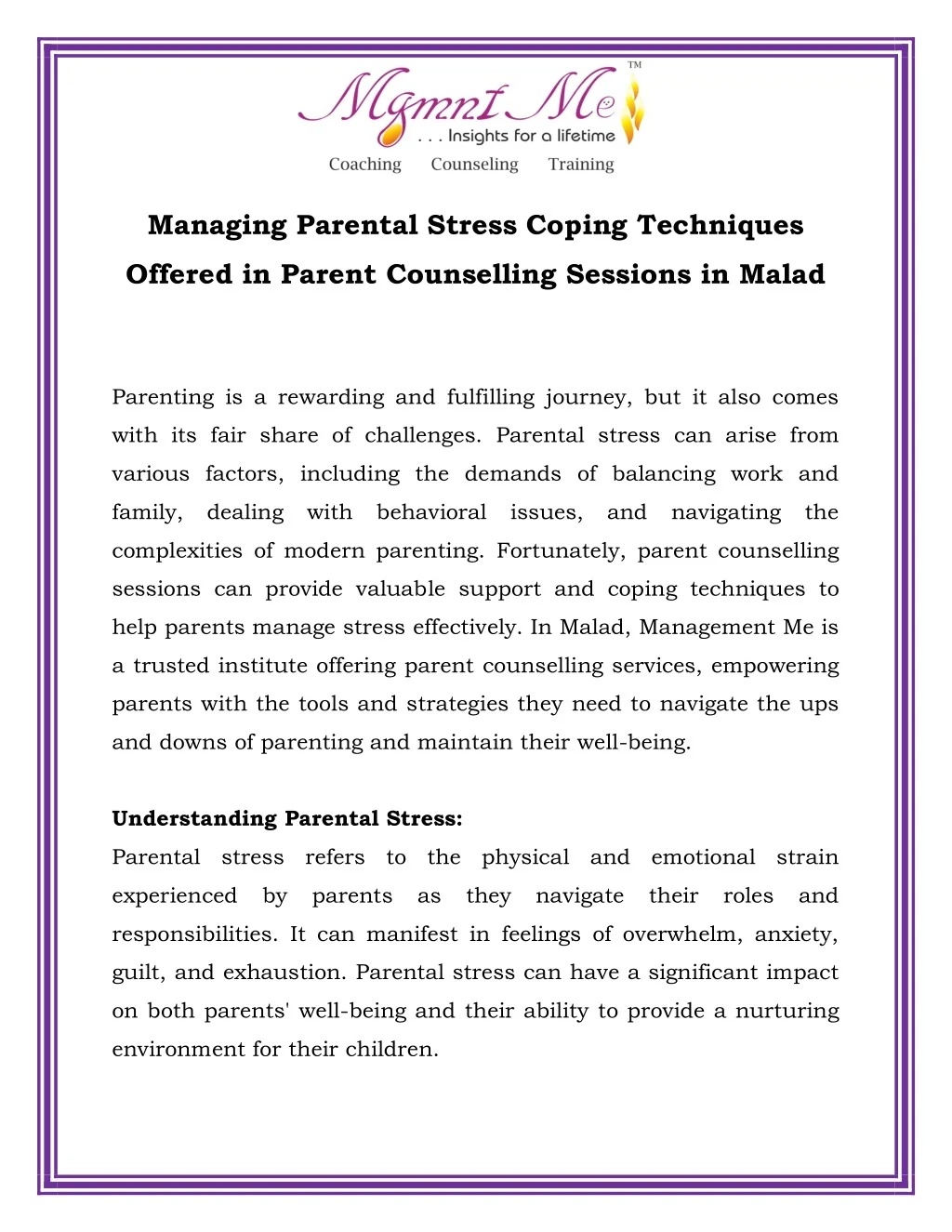 PPT - Managing Parental Stress Coping Techniques Offered in Parent ...