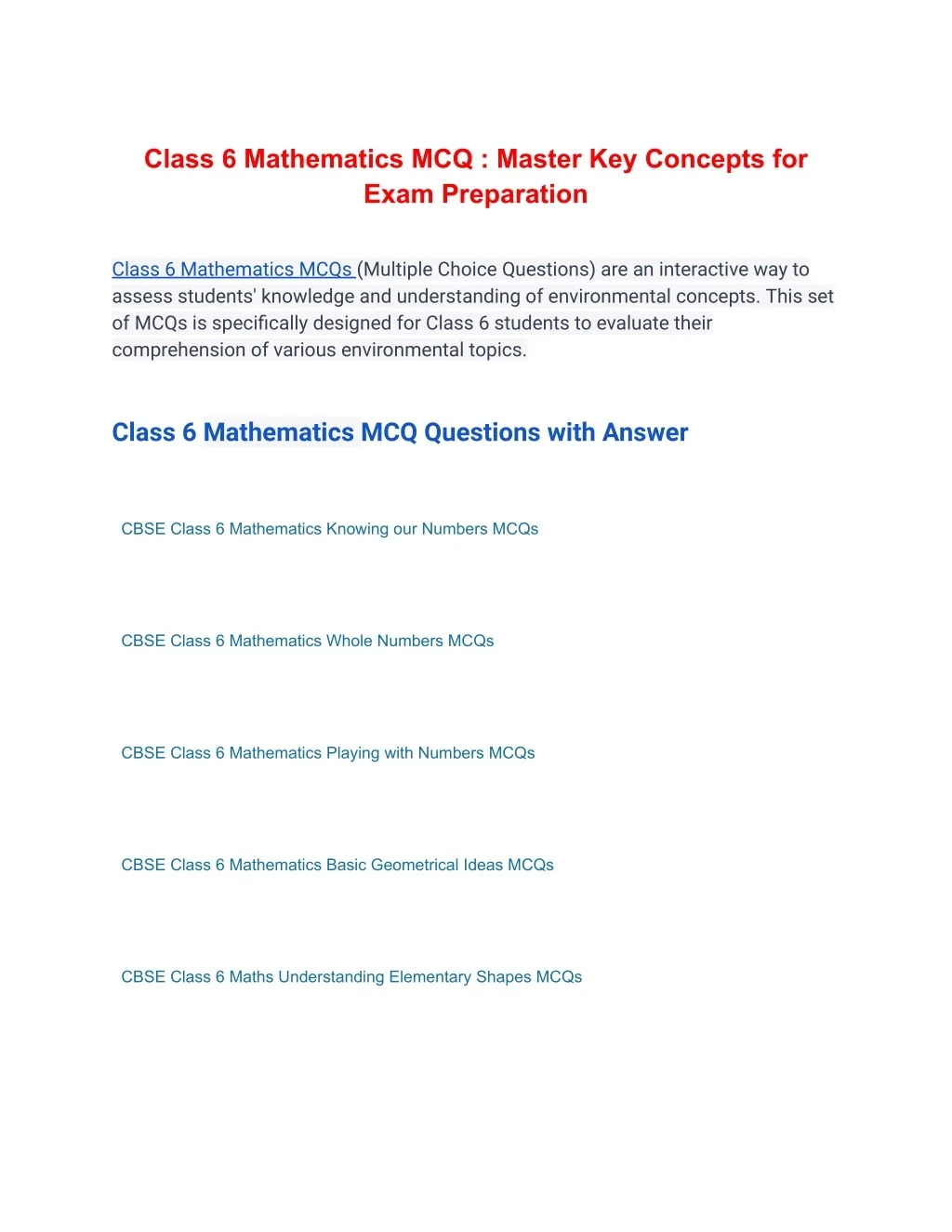 PPT - Class 6 Mathematics MCQ : Master Key Concepts for Exam ...