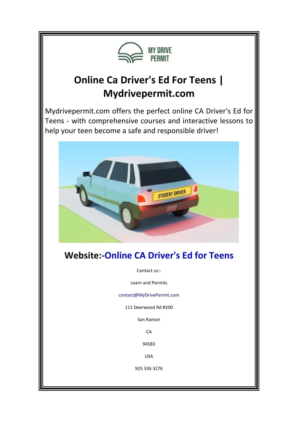 PPT - Online Ca Driver's Ed For Teens Mydrivepermit.com PowerPoint ...