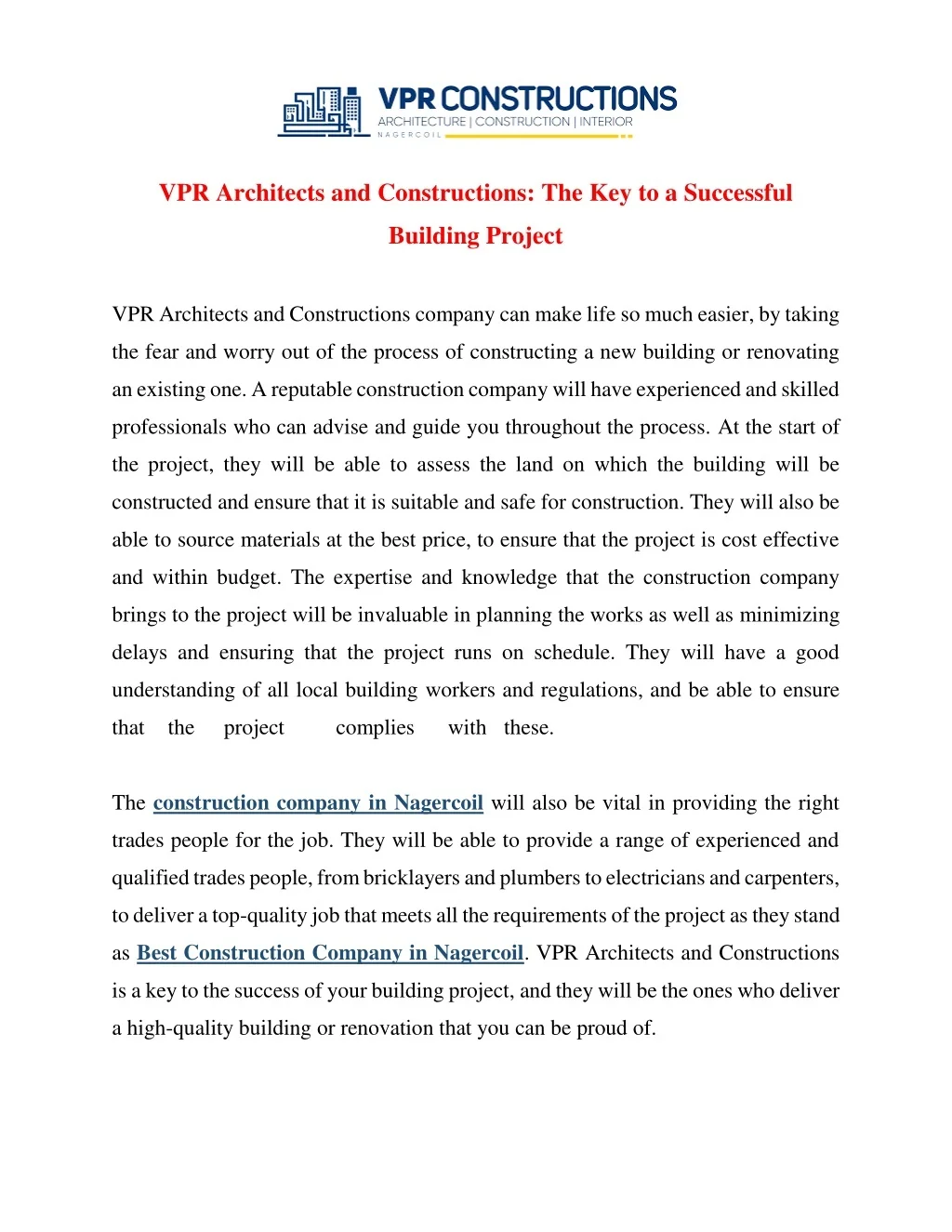 PPT - VPR Architects and Constructions The Key to a Successful Building ...