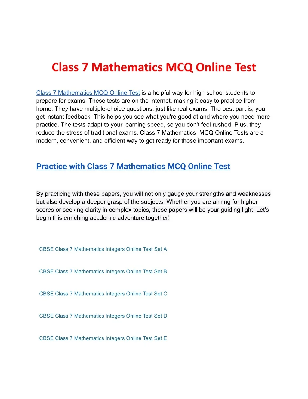 PPT - Class 7 Mathematics MCQ Online Test PowerPoint Presentation, free ...
