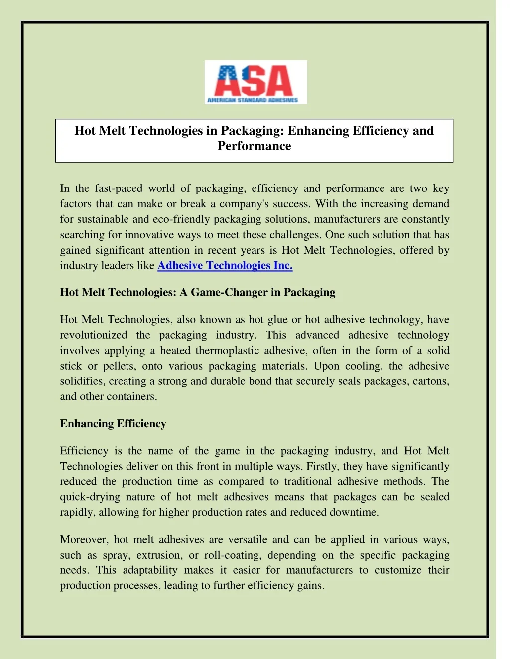 PPT - Hot Melt Technologies in Packaging Enhancing Efficiency and Performance PowerPoint ...