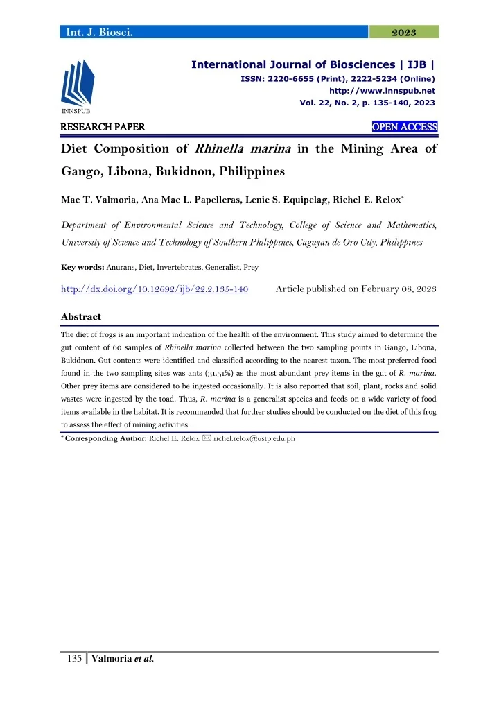 PPT - Diet Composition of Rhinella marina in the Mining Area of Gango ...