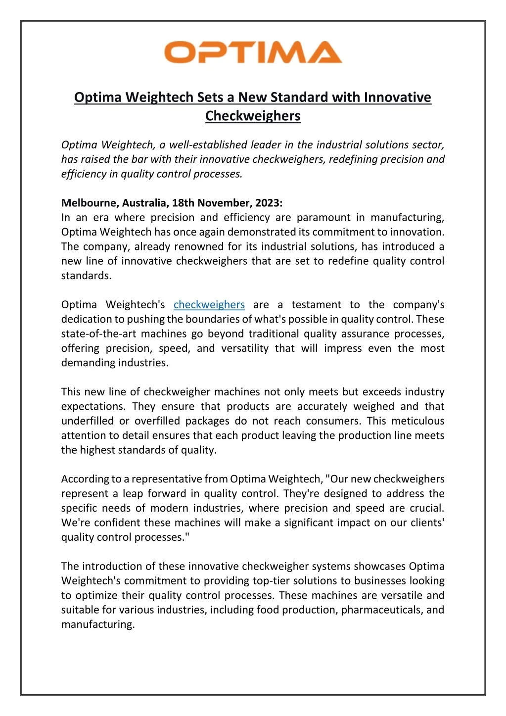 PPT - Optima Weightech Sets a New Standard with Innovative Checkweighers PowerPoint Presentation ...