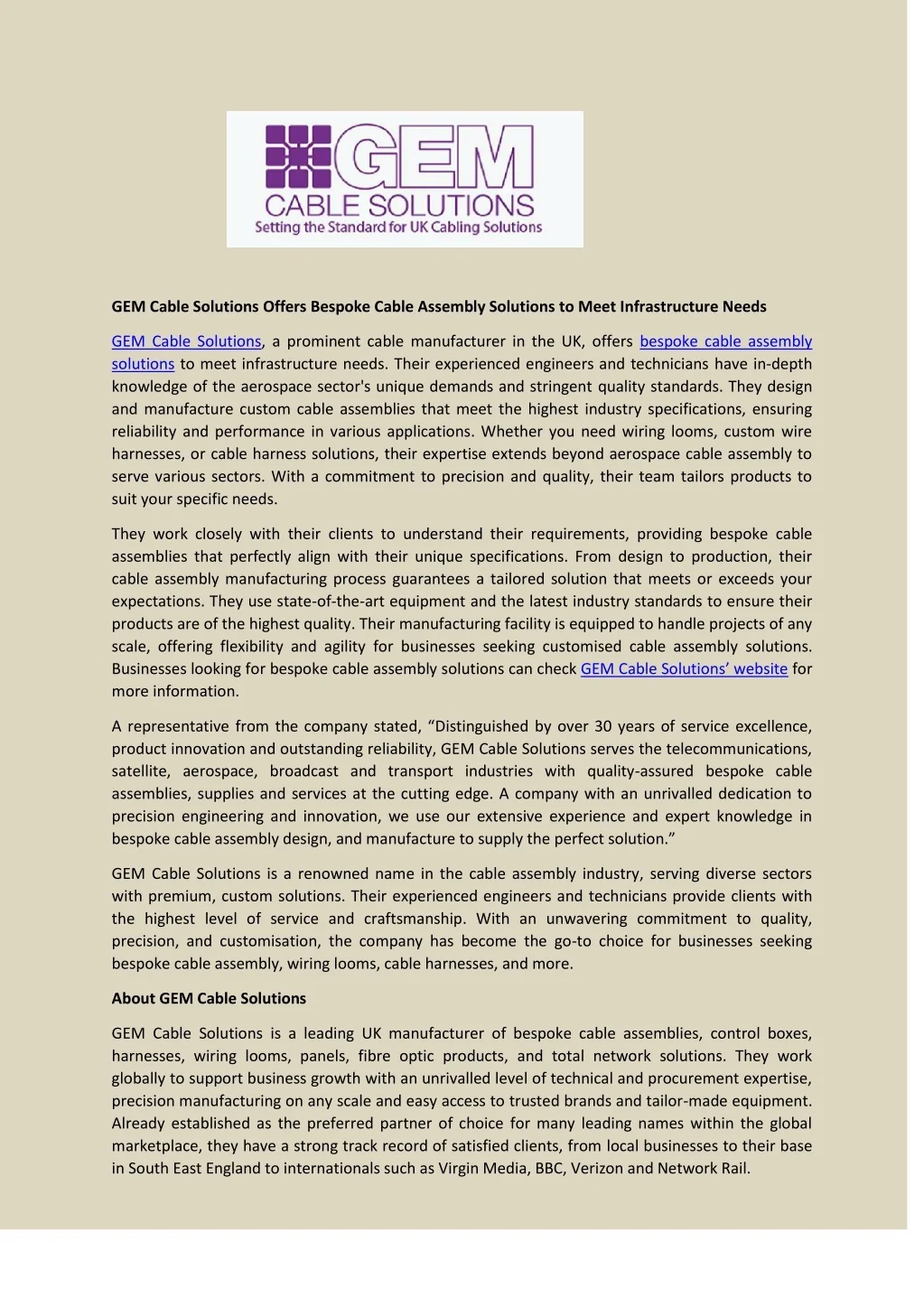PPT - GEM Cable Solutions Offers Bespoke Cable Assembly Solutions to ...
