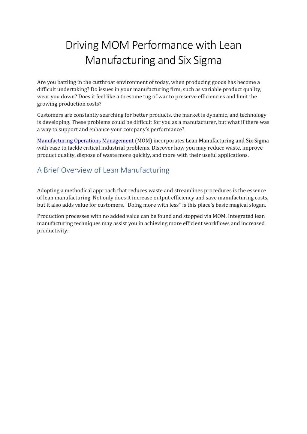 PPT - Driving MOM Performance with Lean Manufacturing and Six Sigma ...