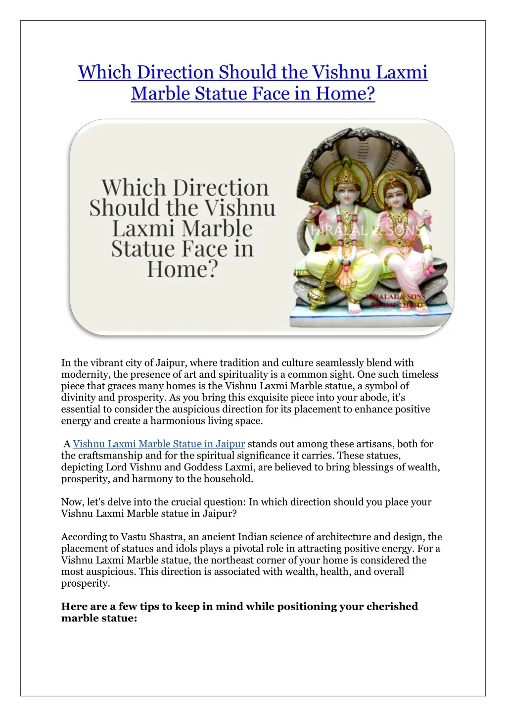 PPT - Which Direction Should the Vishnu Laxmi Marble Statue Face in ...