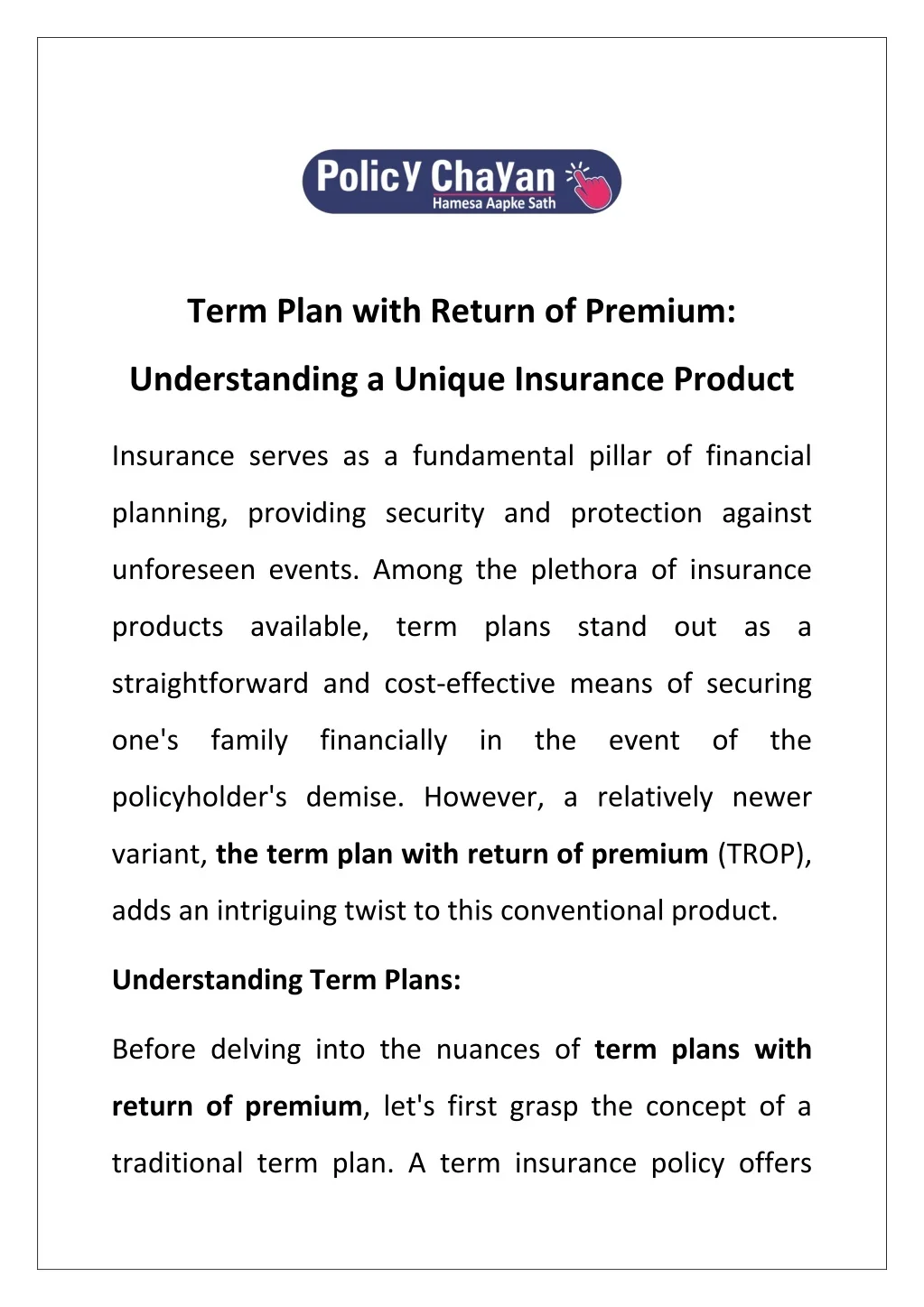 PPT - Term Plan with Return of Premium: Understanding a Unique ...