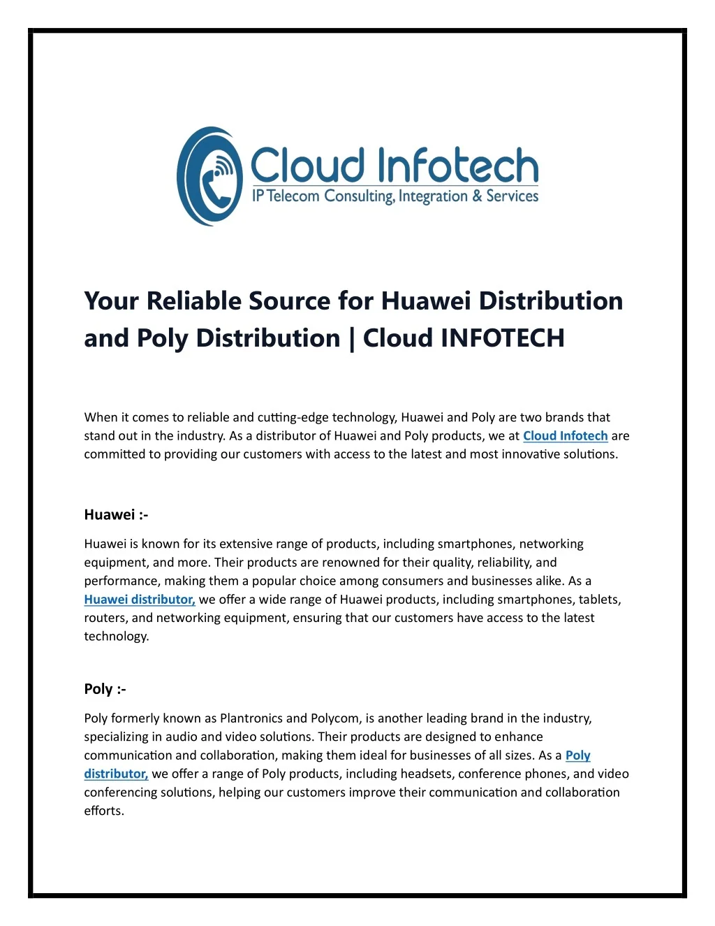 PPT - Huawei Distribution and Poly Distribution | Cloud Infotech ...