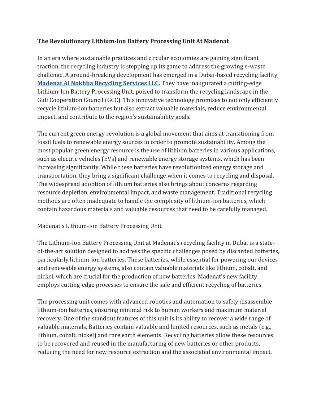 PPT - The Revolutionary Lithium-Ion Battery Processing Unit At Madenat ...