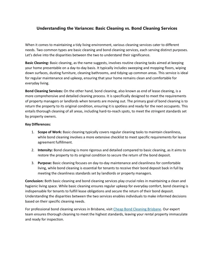 PPT - Understanding the Variances Basic Cleaning vs. Bond Cleaning ...