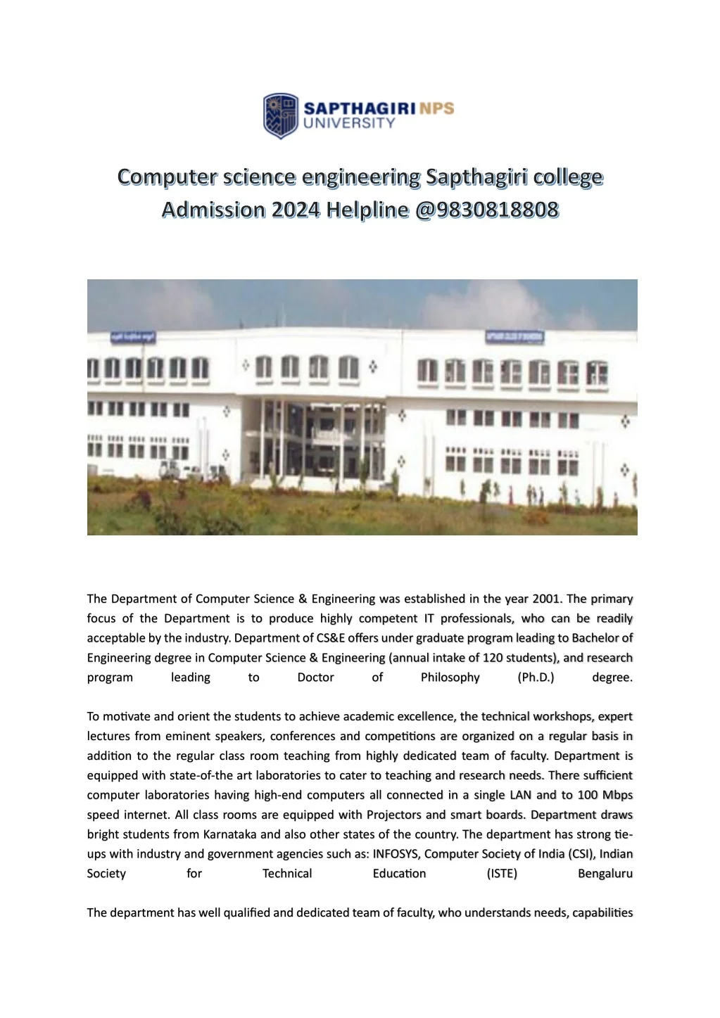PPT - Computer science engineering Sapthagiri college Admission 2024 Helpline @9830818808 ...