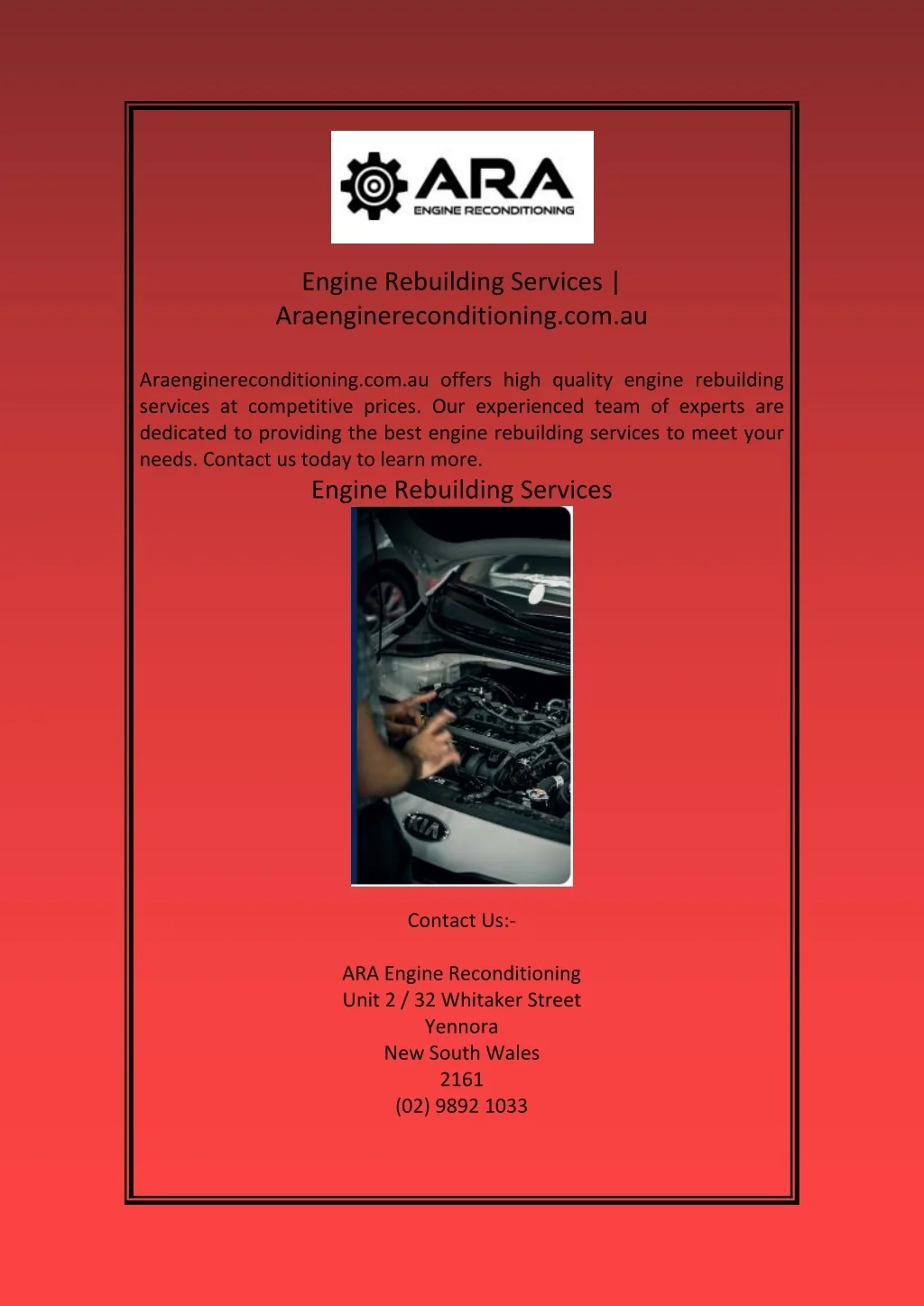 PPT - Engine Rebuilding Services Araenginereconditioning com au ...
