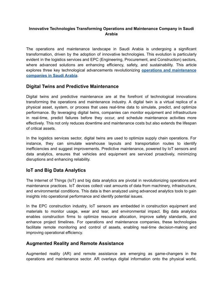 PPT - Innovative Technologies Transforming Operations and Maintenance ...