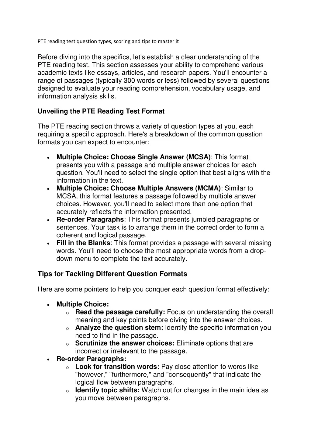 PPT - PTE reading test question types, scoring and tips to master it ...