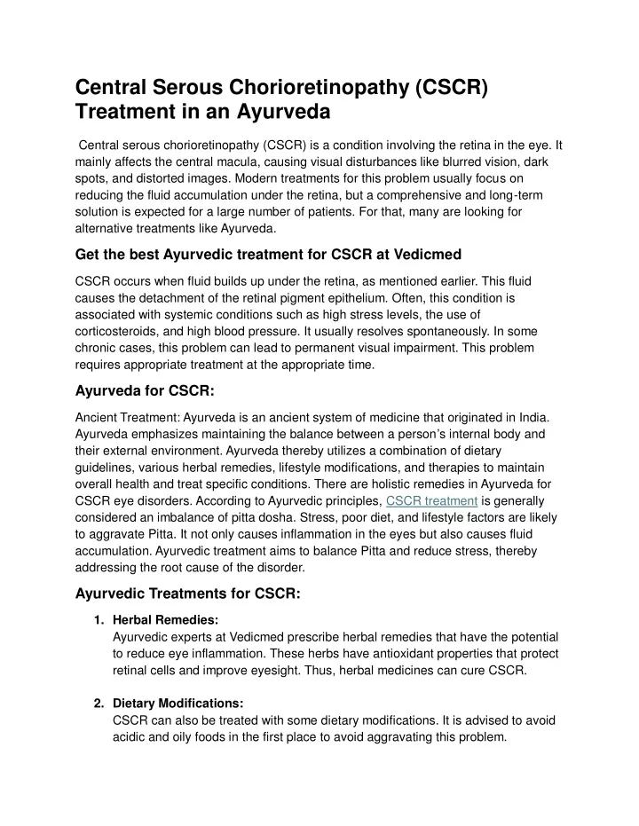 Ppt Central Serous Chorioretinopathy Cscr Treatment In An Ayurveda