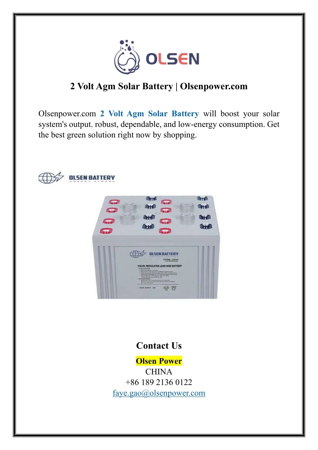 PPT - 2 Volt Agm Solar Battery | Olsenpower.com PowerPoint Presentation ...