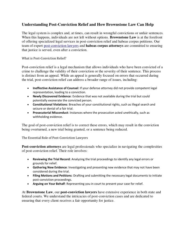 PPT - Understanding Post-Conviction Relief and How Brownstone Law Can ...