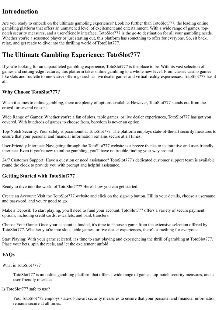 PPT - The Ultimate Gambling Experience: TotoSlot777 PowerPoint ...