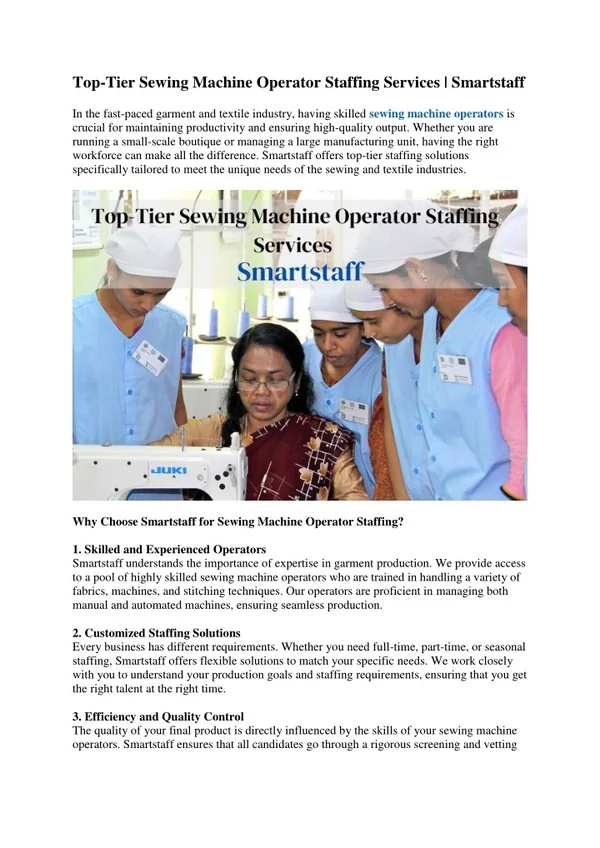 PPT - Top-Tier Sewing Machine Operator Staffing Services | Smartstaff ...