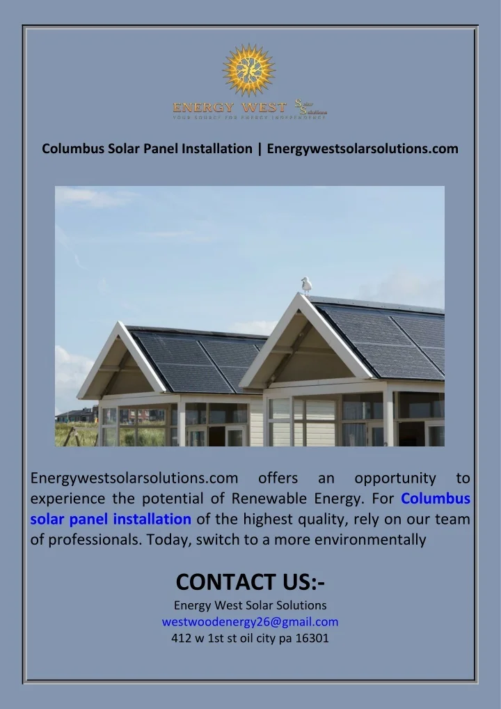 PPT - Columbus Solar Panel Installation Energywestsolarsolutions.com ...