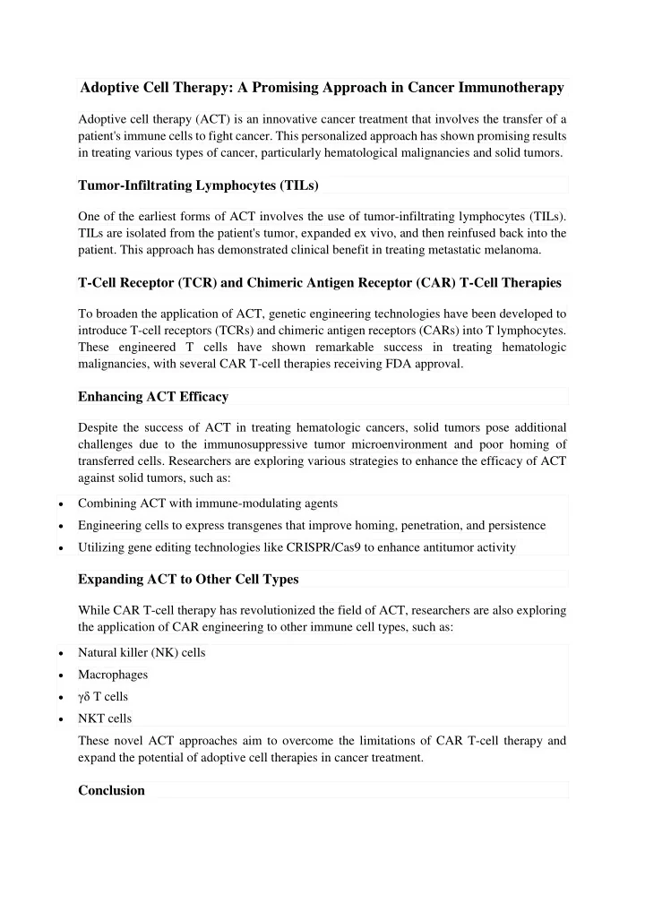 PPT - Adoptive Cell Therapy: A Promising Approach in Cancer ...
