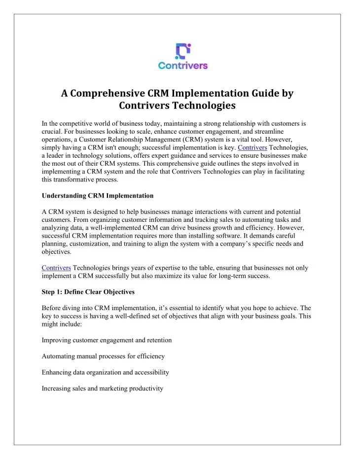 PPT - A Comprehensive CRM Implementation Guide by Contrivers Technologies PowerPoint ...