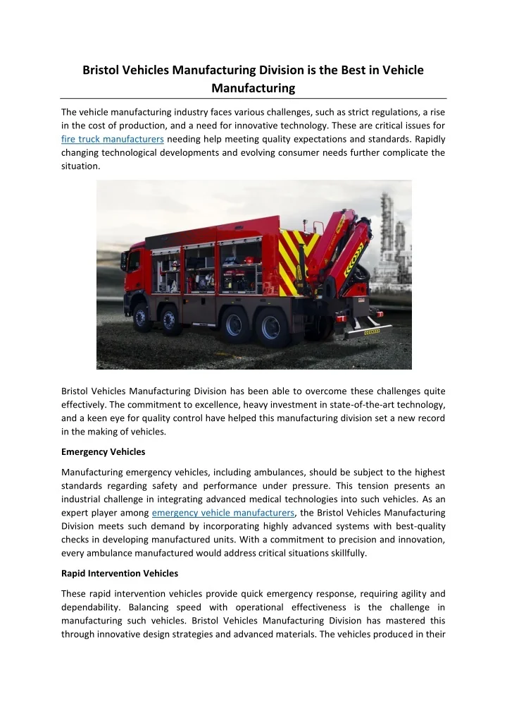 PPT - Bristol Vehicles Manufacturing Division specializes in innovative ...