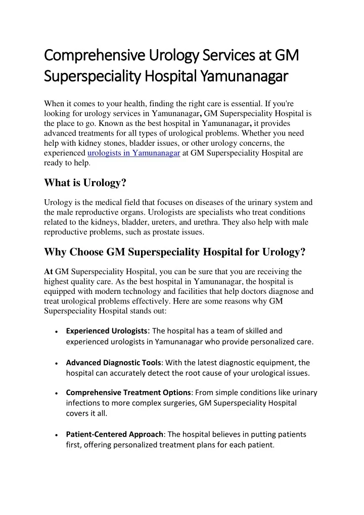 PPT - Comprehensive Urology Services at GM Superspeciality Hospital ...